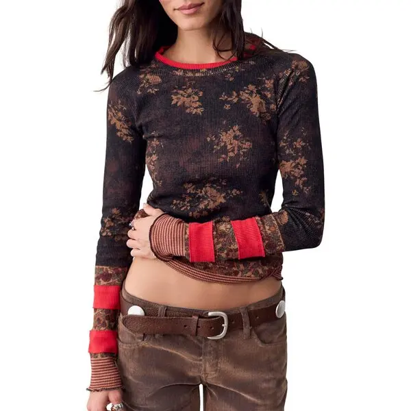 Free People Easy Does It Floral Rib Stretch Cotton Top - Black Combo