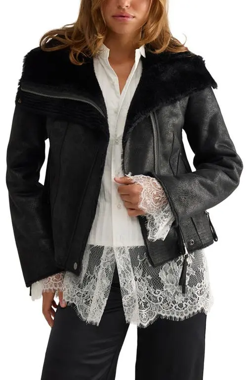 Free People Fourline Faux Leather Jacket With Faux Shearling Lining