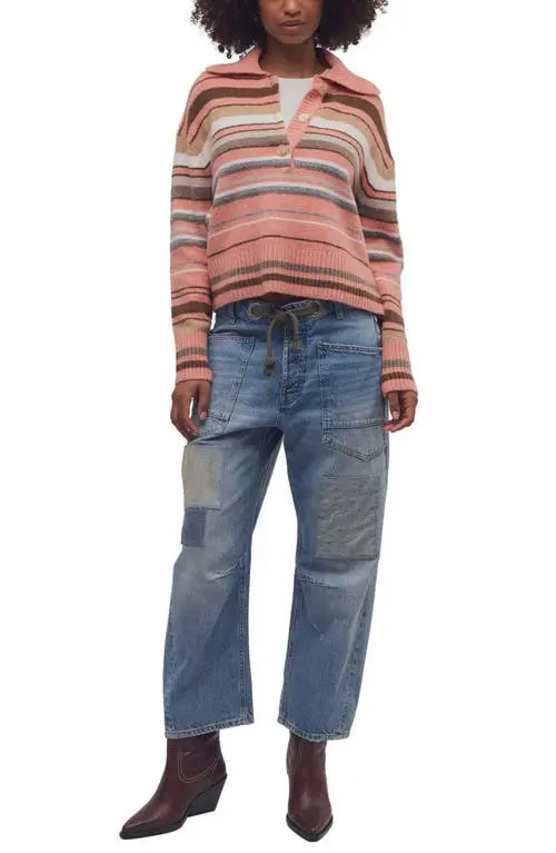 Free People Trading Up Stripe Polo Sweater - Peach Combo
