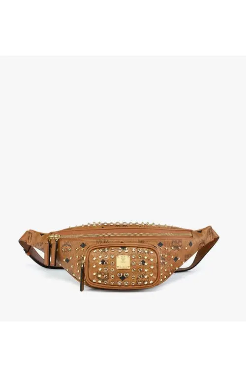 Mcm Medium Fursten Belt Bag In Gold Crystal Visetos - Cognac