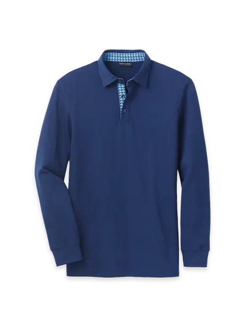 PAUL FREDRICK Long Sleeve Cotton Jersey 3-button Polo With Patterned Trim - Navy