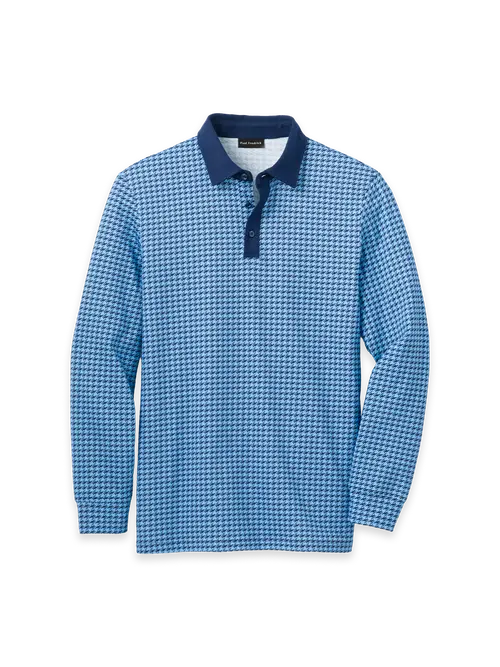 PAUL FREDRICK Long Sleeve Cotton Jersey 3-button Polo With Patterned Trim - Navy/light Blue