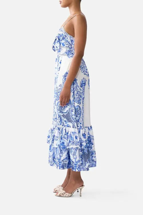 Camilla Ruffle Hem Tie Front Midi Dress