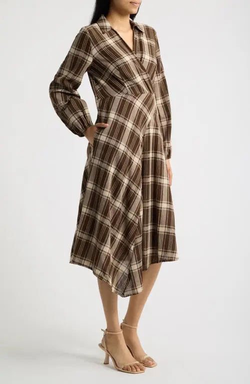 CITY BLUES Long Sleeve Asymmetric Plaid Shirtdress - Brown