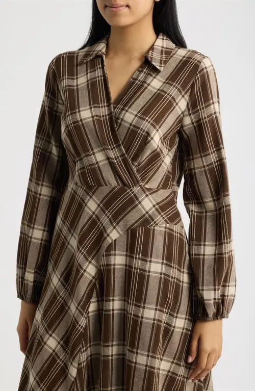 CITY BLUES Long Sleeve Asymmetric Plaid Shirtdress - Brown