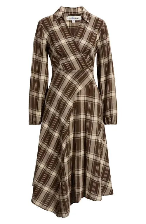 CITY BLUES Long Sleeve Asymmetric Plaid Shirtdress - Brown