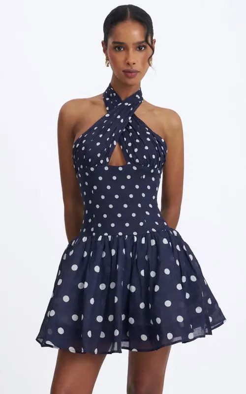 MISS CIRCLE NEW YORK Yamina Polka Dot Ramie Crossover Halter Gathered Mini Dress - Navy