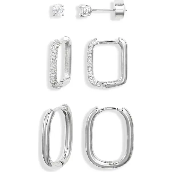 Nordstrom Set Of 3 Studs & Square Pavé Hoop Earring Set - Clear- Silver
