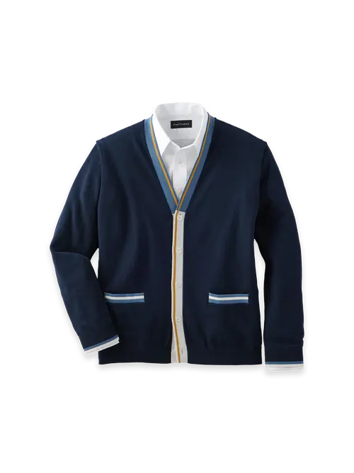 PAUL FREDRICK Cotton Button Front Cardigan Sweater - Navy/gold