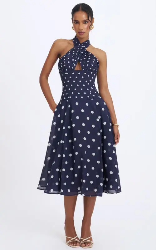 MISS CIRCLE NEW YORK Nuri Polka Dot Ramie Crossover Halter A-line Midi Dress - Navy