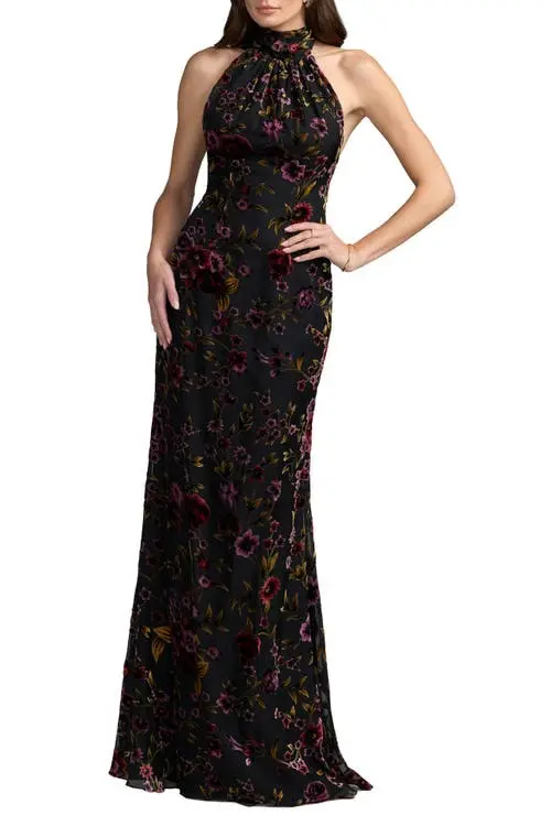 Mac Duggal Sleeveless Velvet Halter Neck Gown With Drape - Black Multi
