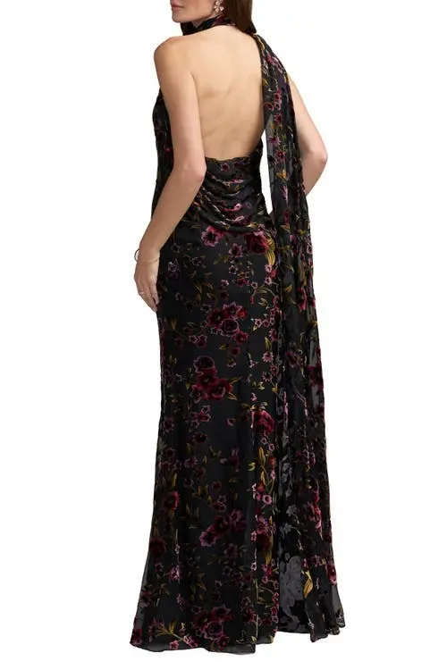 Mac Duggal Sleeveless Velvet Halter Neck Gown With Drape