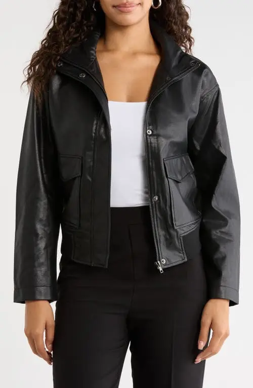 Halogen High Neck Faux Leather Bomber Jacket - Rich Black