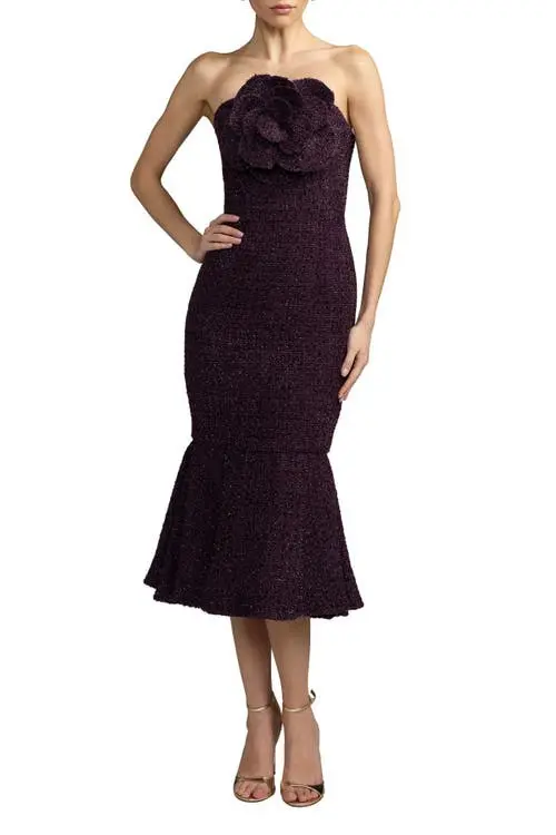 Mac Duggal Strapless Boucle Midi Dress With 3d Flower - Aubergine