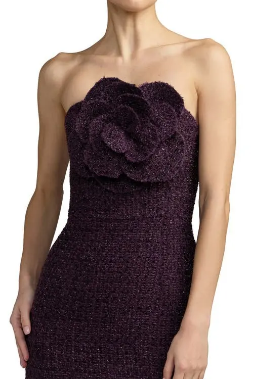 Mac Duggal Strapless Boucle Midi Dress With 3d Flower