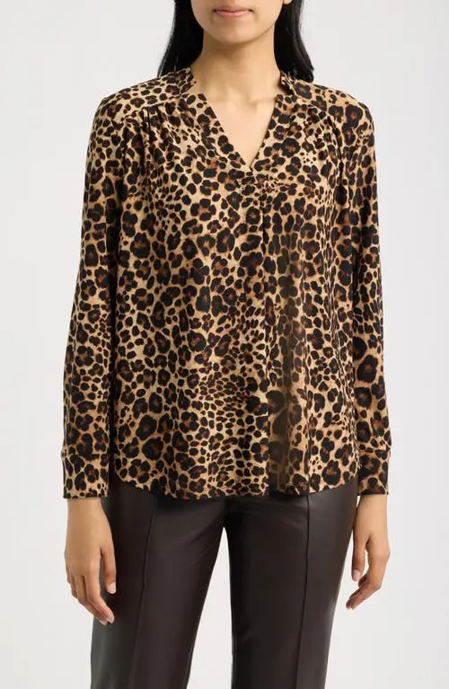 Anne Klein Printed Notched V-neck Long Sleeve Top - Anne Black Multi