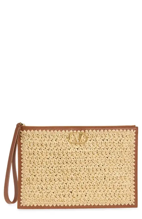 Valentino Garavani Large Crocheted Raffia Effect Flat Pouch Wristlet - Natural