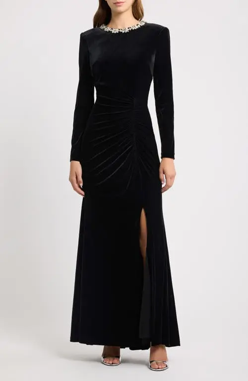 Eliza J Rhinestone Detail Long Sleeve Velvet Gown - Black