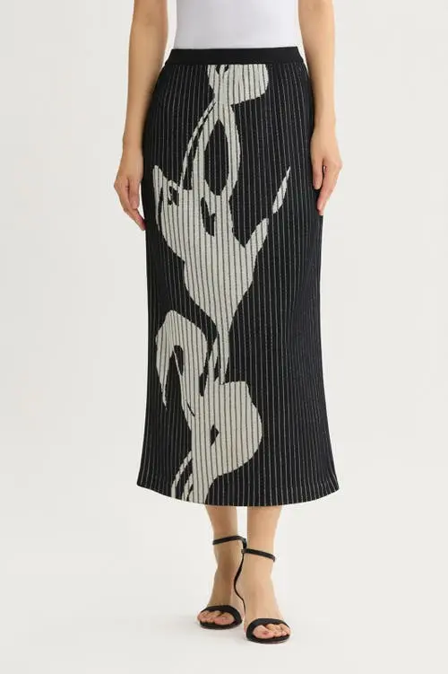 Ming Wang Straight Floral Soft Ribbed Knit Maxi Skirt - Black/ivory
