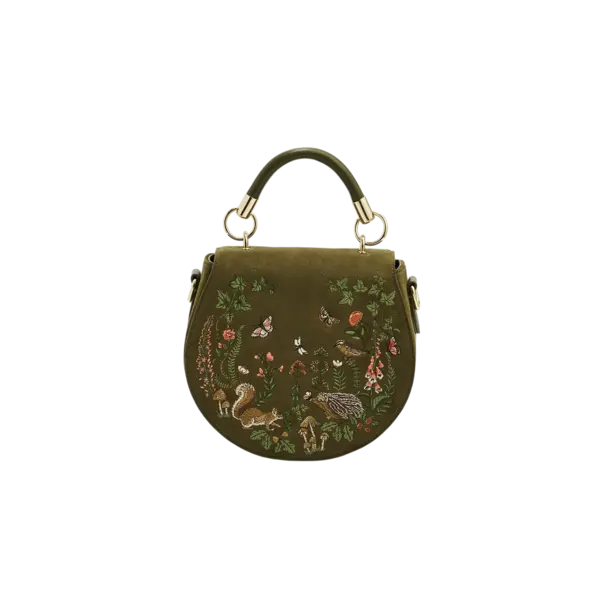 FABLE ENGLAND Charlotte Meadow Scene Embroidered Faux Suede Saddle Purse