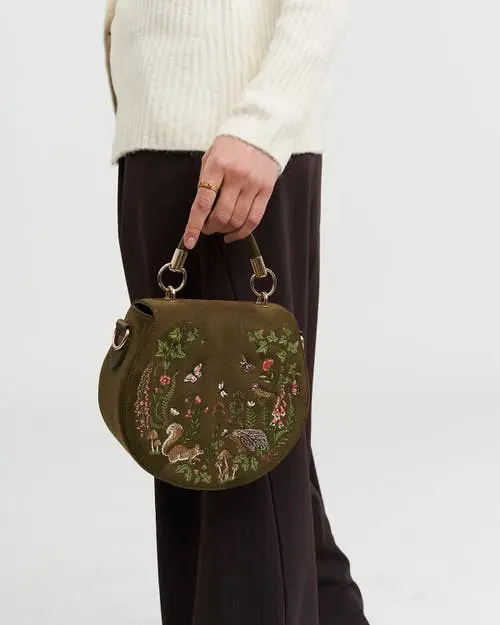 FABLE ENGLAND Charlotte Meadow Scene Embroidered Faux Suede Saddle Purse
