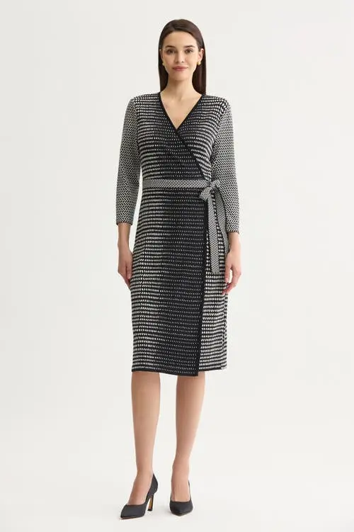 Ming Wang Monochrome Soft Knit Midi Wrap Dress - Black/ivory