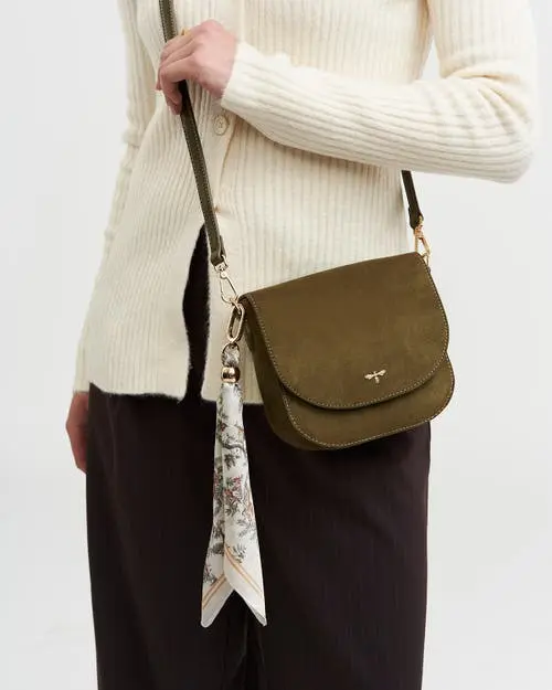FABLE ENGLAND Beth Faux Suede Saddle Purse - Khaki