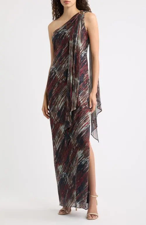 Vince Camuto Metallic Abstract Print One-shoulder Chiffon Gown