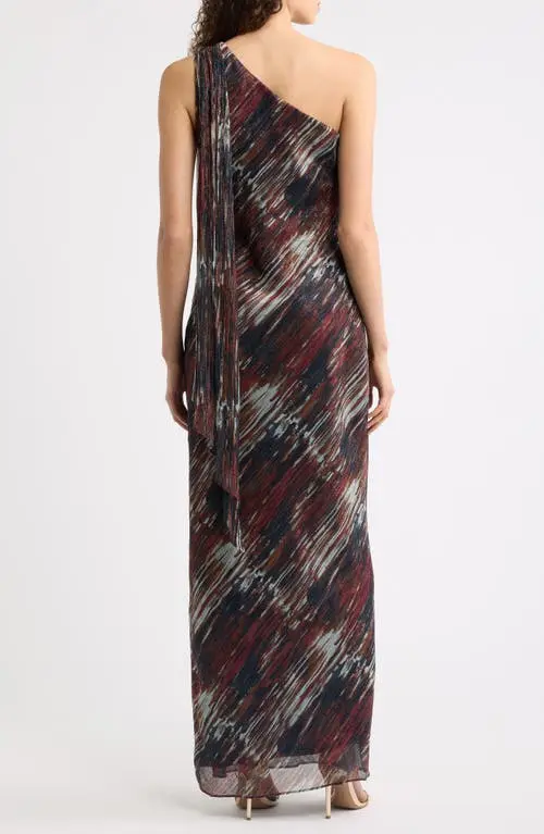 Vince Camuto Metallic Abstract Print One-shoulder Chiffon Gown