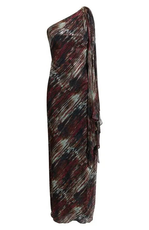 Vince Camuto Metallic Abstract Print One-shoulder Chiffon Gown