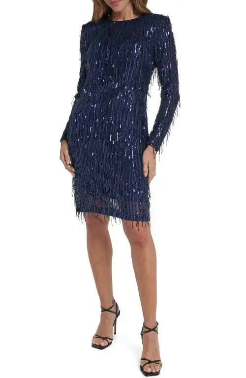 Eliza J Sequin Fringe Long Sleeve Cocktail Dress - Navy