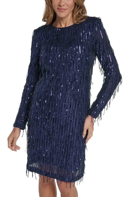 Eliza J Sequin Fringe Long Sleeve Cocktail Dress - Navy