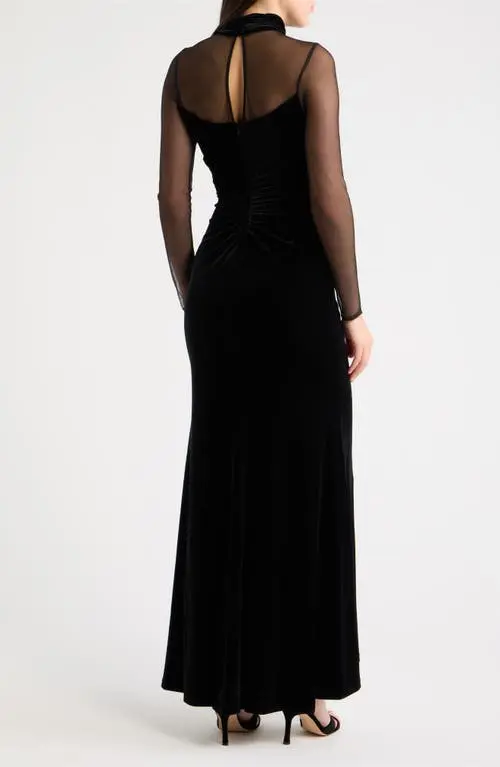 Eliza J Mock Neck Long Sleeve Mixed Media Gown