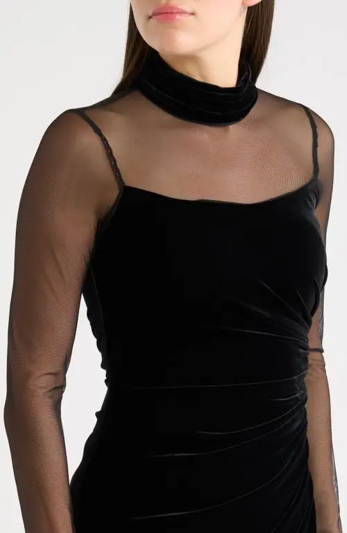 Eliza J Mock Neck Long Sleeve Mixed Media Gown