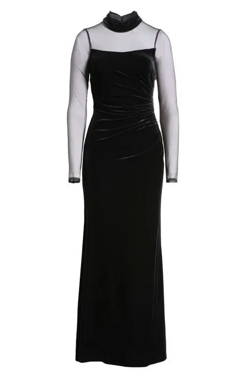 Eliza J Mock Neck Long Sleeve Mixed Media Gown