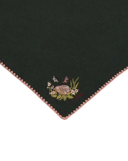 FABLE ENGLAND Hedgehog Embroidered Knitted Triangle Scarf - Dark Green