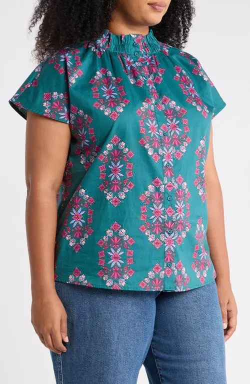 SUGARLIPS Patma Folklore Mock Neck Cotton Button-up Top