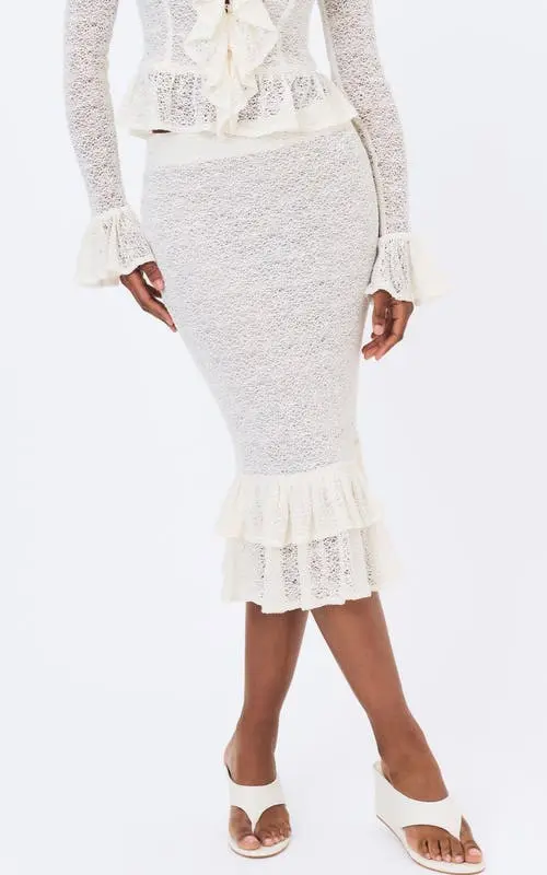 MISS CIRCLE NEW YORK Urvi Crochet Ruffle Midi Skirt - White