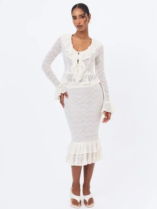 MISS CIRCLE NEW YORK Urvi Crochet Ruffle Midi Skirt - White