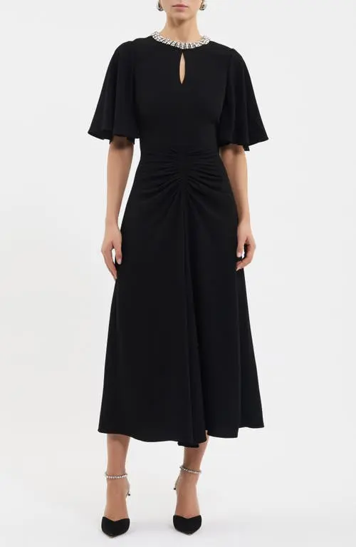 Rebecca Vallance Noemie Rhinestone Detail Keyhole Neck Cocktail Midi Dress - Black
