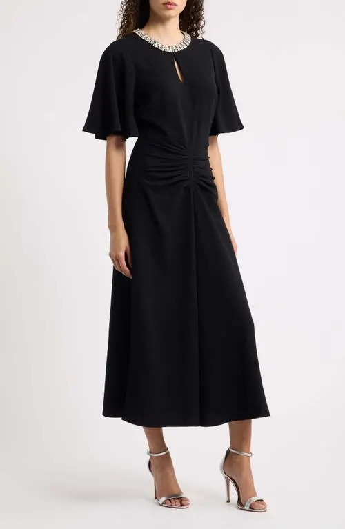 Rebecca Vallance Noemie Rhinestone Detail Keyhole Neck Cocktail Midi Dress - Black
