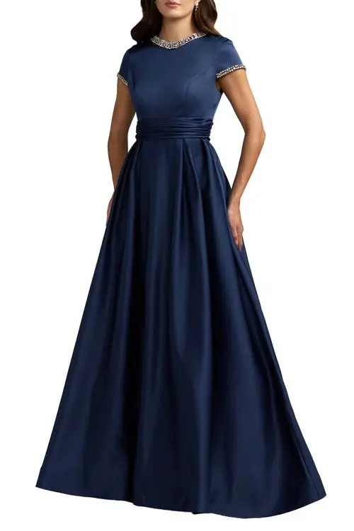 Mac Duggal Petite Embellished Satin Cap Sleeve Ball Gown - Midnight