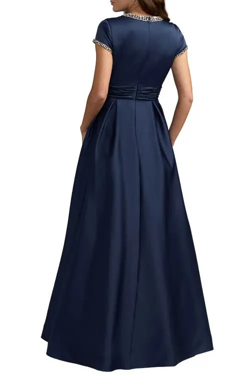 Mac Duggal Petite Embellished Satin Cap Sleeve Ball Gown - Midnight