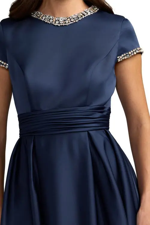 Mac Duggal Petite Embellished Satin Cap Sleeve Ball Gown - Midnight