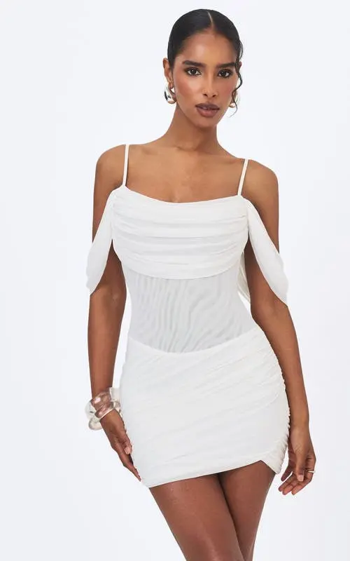 MISS CIRCLE NEW YORK Umnia Mesh Off-shoulder Drape Mini Dress - White