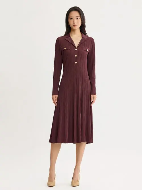 Misook Fit & Flare Soft Ribbed Knit Midi Dress - Mahogany