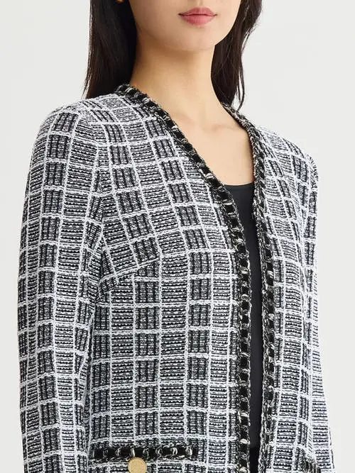 Misook Heritage Velvet Ribbon Trim Plaid Knit Jacket