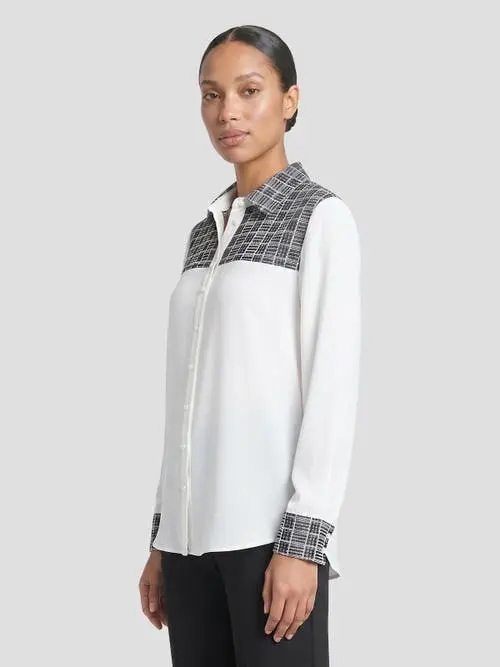 Misook Mixed Media Plaid Crepe De Chine Blouse