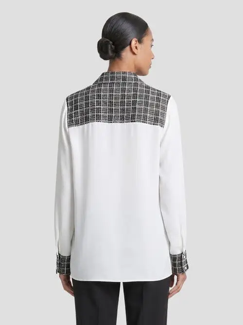 Misook Mixed Media Plaid Crepe De Chine Blouse
