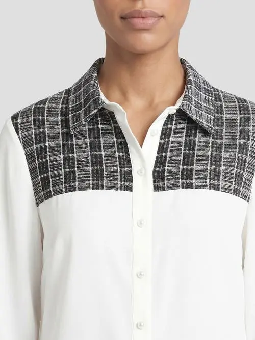 Misook Mixed Media Plaid Crepe De Chine Blouse